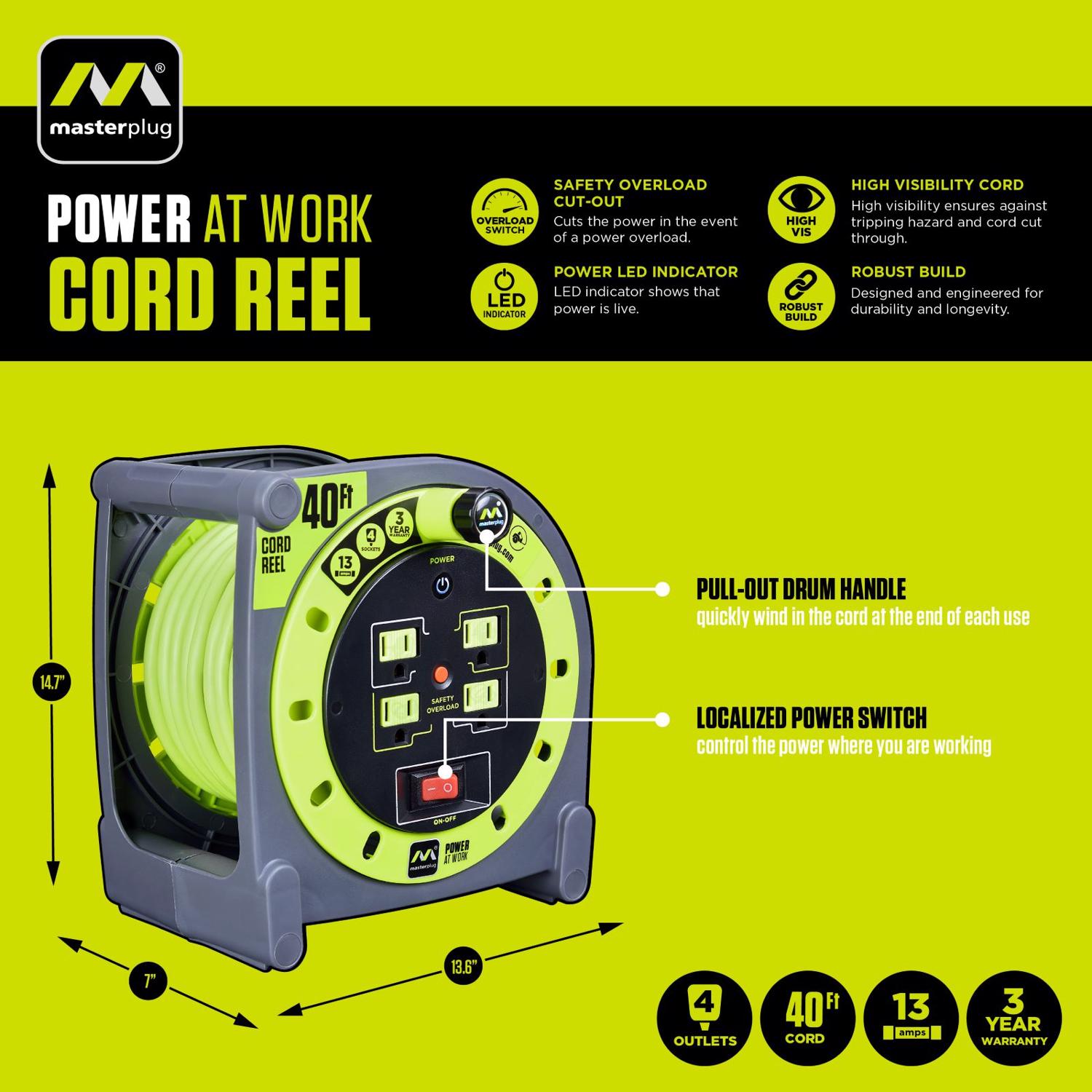 Masterplug 40 Ft. L Pvc Cord Reel With 4 Outlets And Thermal Breaker ...