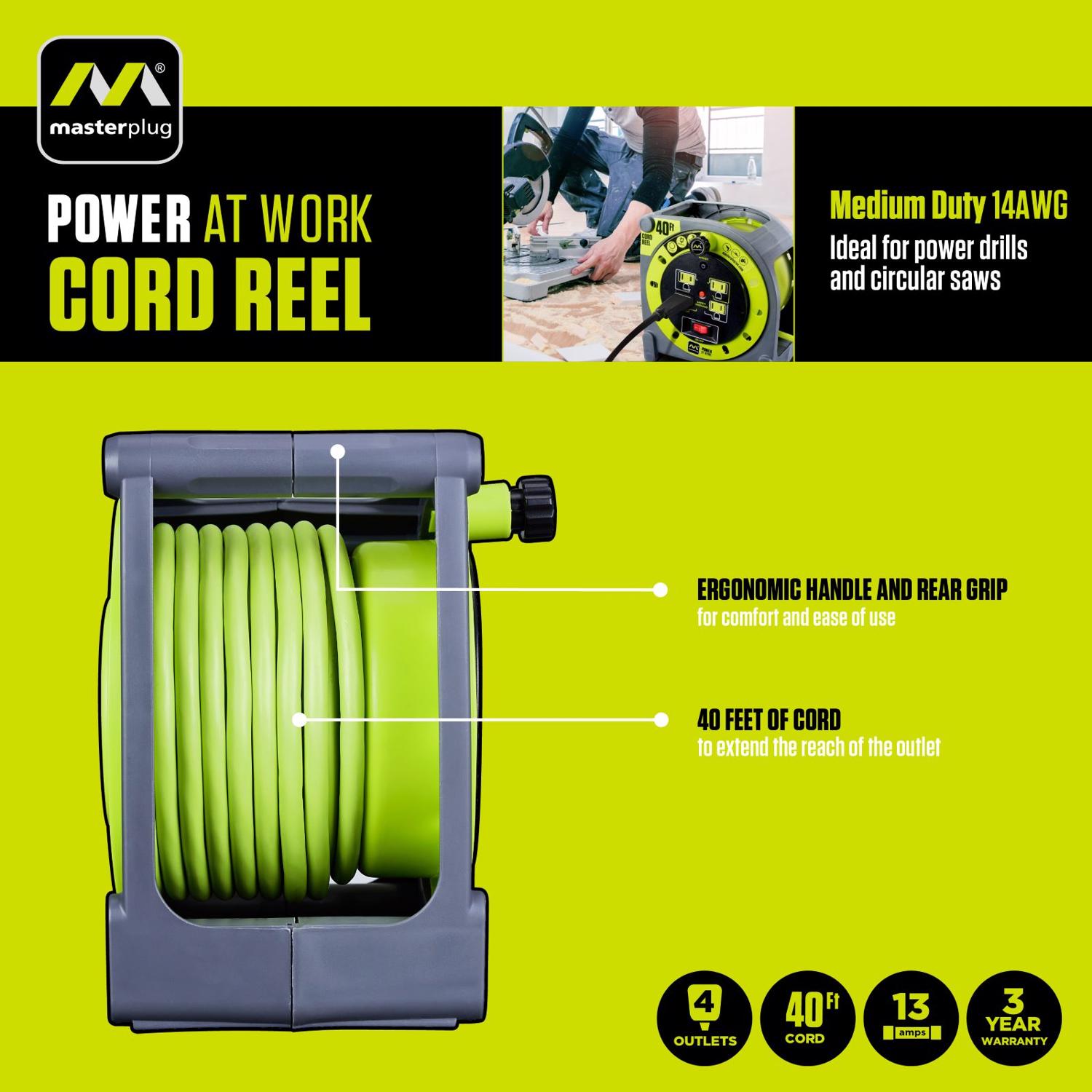 Masterplug 40 Ft. L Pvc Cord Reel With 4 Outlets And Thermal Breaker ...